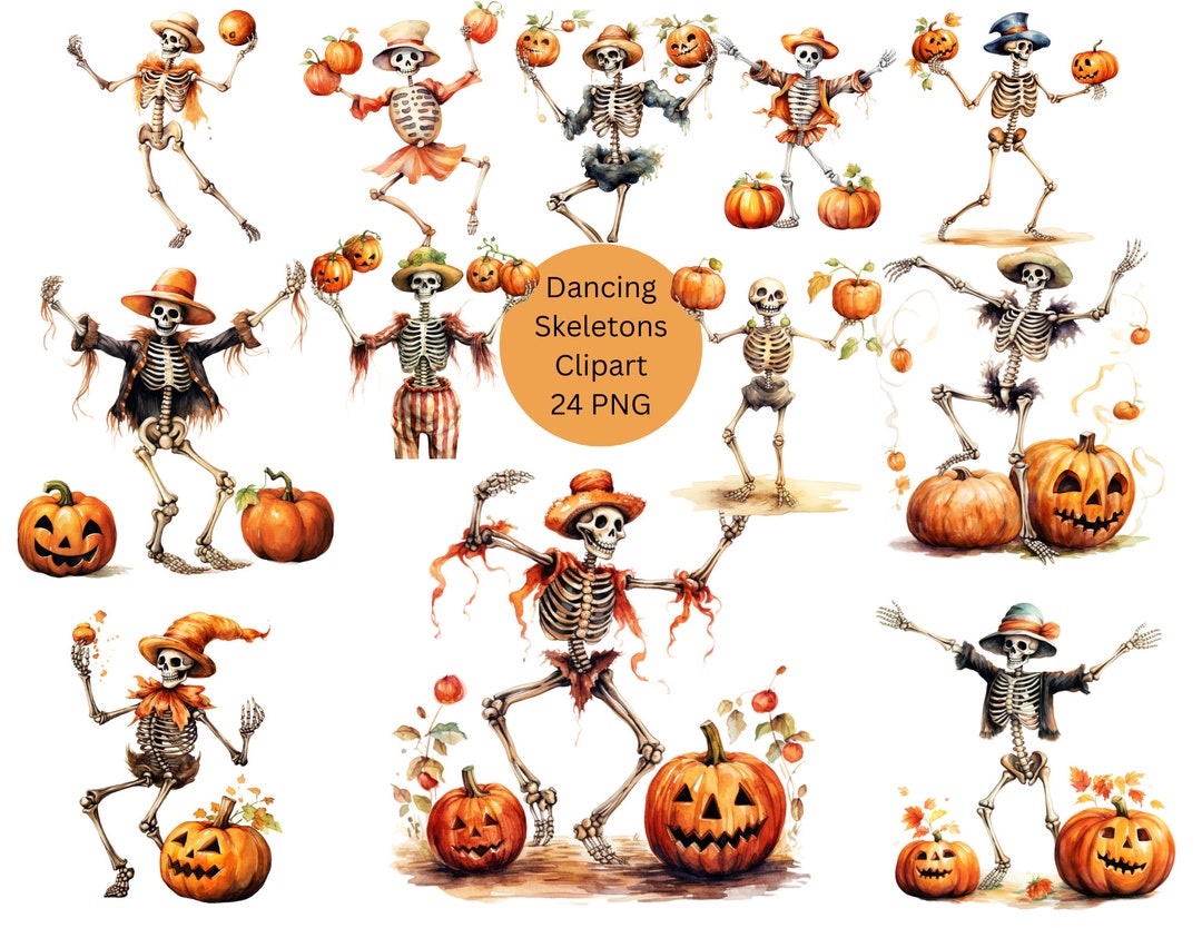 Watercolor Dancing Skeletons Clipart, Halloween Clipart, Scrapbook ...