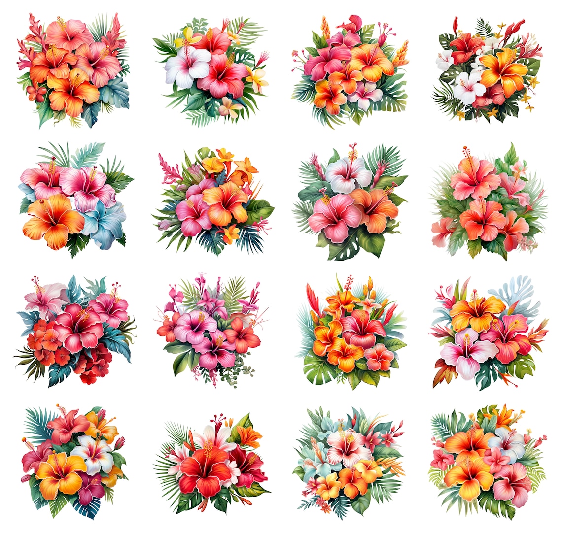 Watercolor Tropical Flowers Clipart, PNG Individual Images on ...