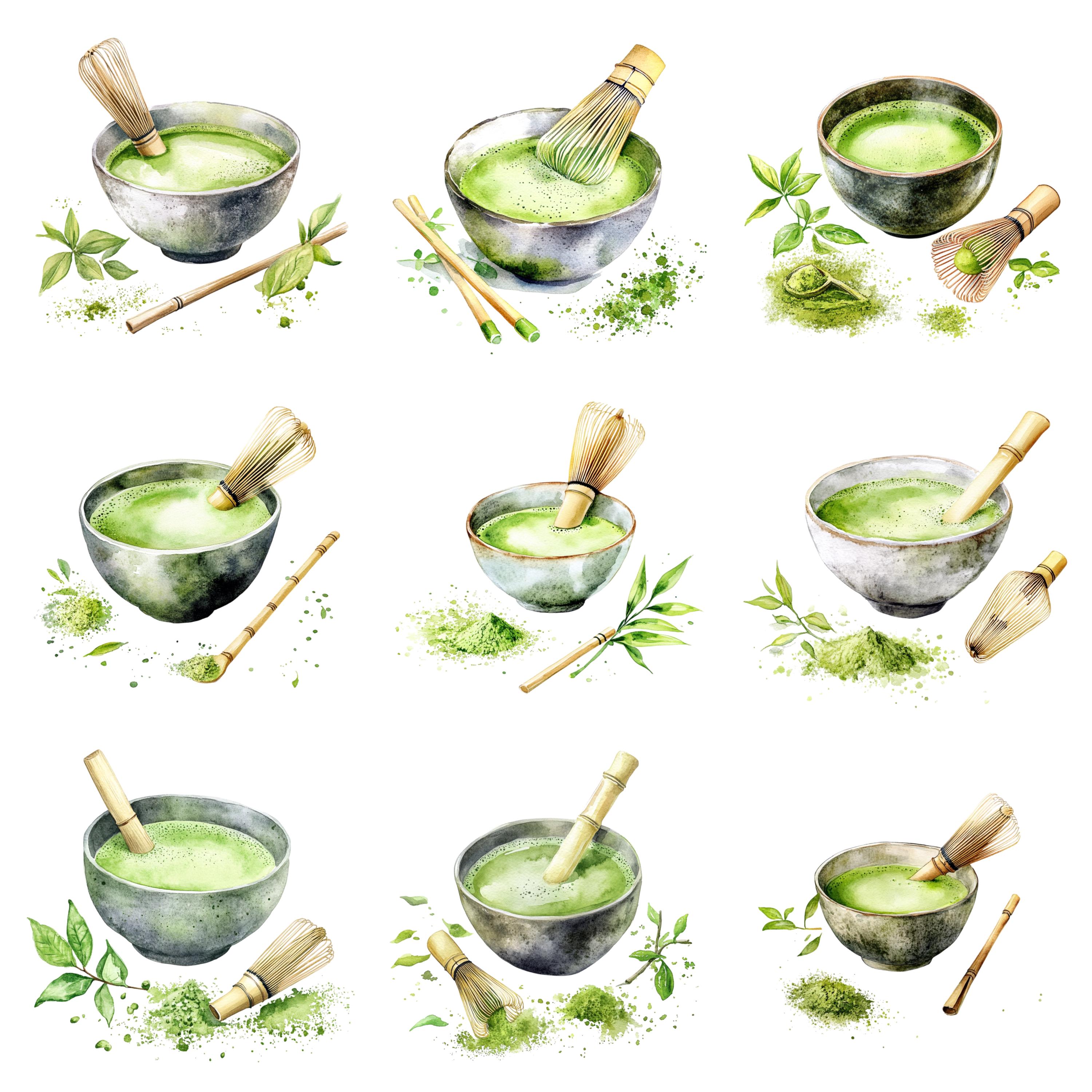 32 Matcha Tea Watercolor Clipart, PNG Digital Files on Transparent ...