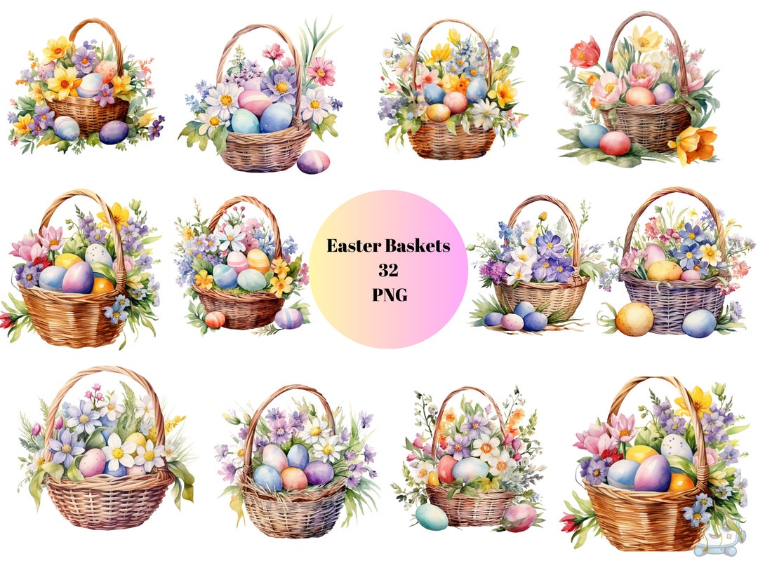 32 Easter Baskets Watercolor Clipart, Easter Clipart, PNG Individual ...