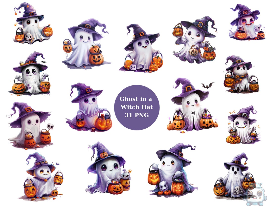 Ghost in a Witch Hat Watercolor Clipart, Halloween Clipart, PNG ...