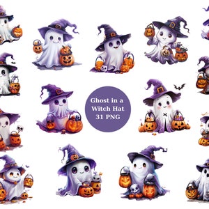 Ghost in a Witch Hat Watercolor Clipart, Halloween Clipart, PNG ...