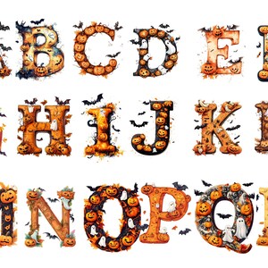 Spooky Halloween Pumpkin Alphabet Clipart, Ghosts, and Bats Letters PNG ...