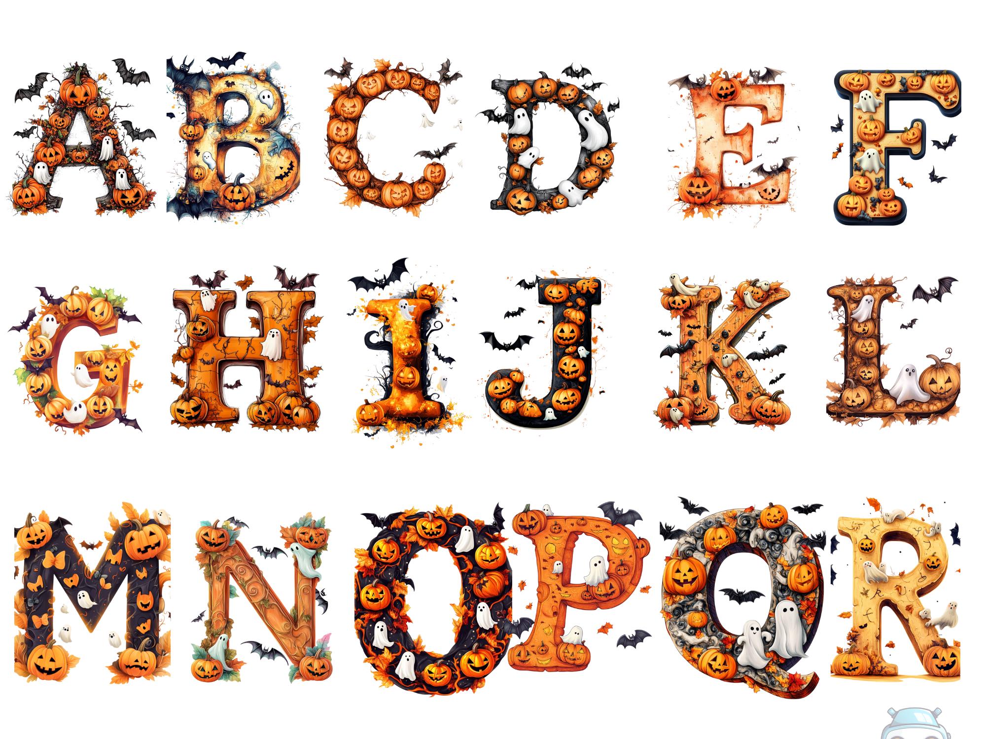 Spooky Halloween Pumpkin Alphabet Clipart, Ghosts, and Bats Letters PNG ...