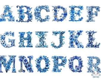 Watercolor Floral Alphabet Clipart: Blue Floral Letters (PNG) - Etsy Canada