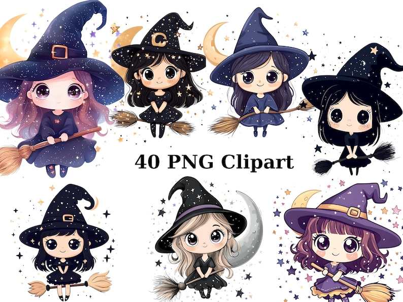 40 Cute Witches Clipart, Halloween Clipart, PNG Individual Images on ...