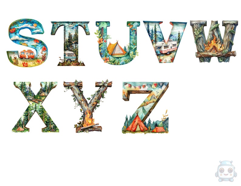 Camping Alphabet Clipart, PNG Individual Images on Transparent ...
