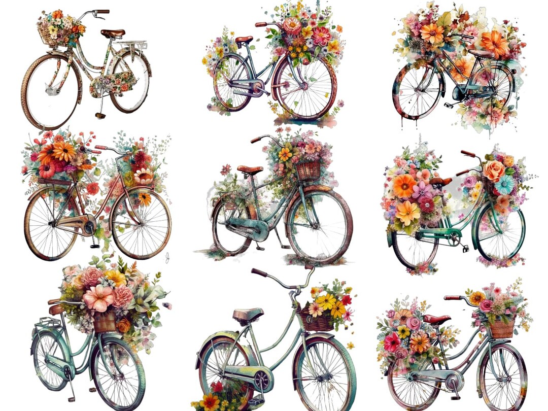 Watercolor Floral Bicycles Clipart, PNG Images, Instant Download ...