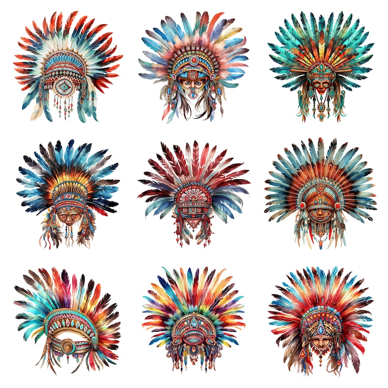 30 Aztec Headdress Watercolor Clipart, Aztec Clipart, PNG Individual ...