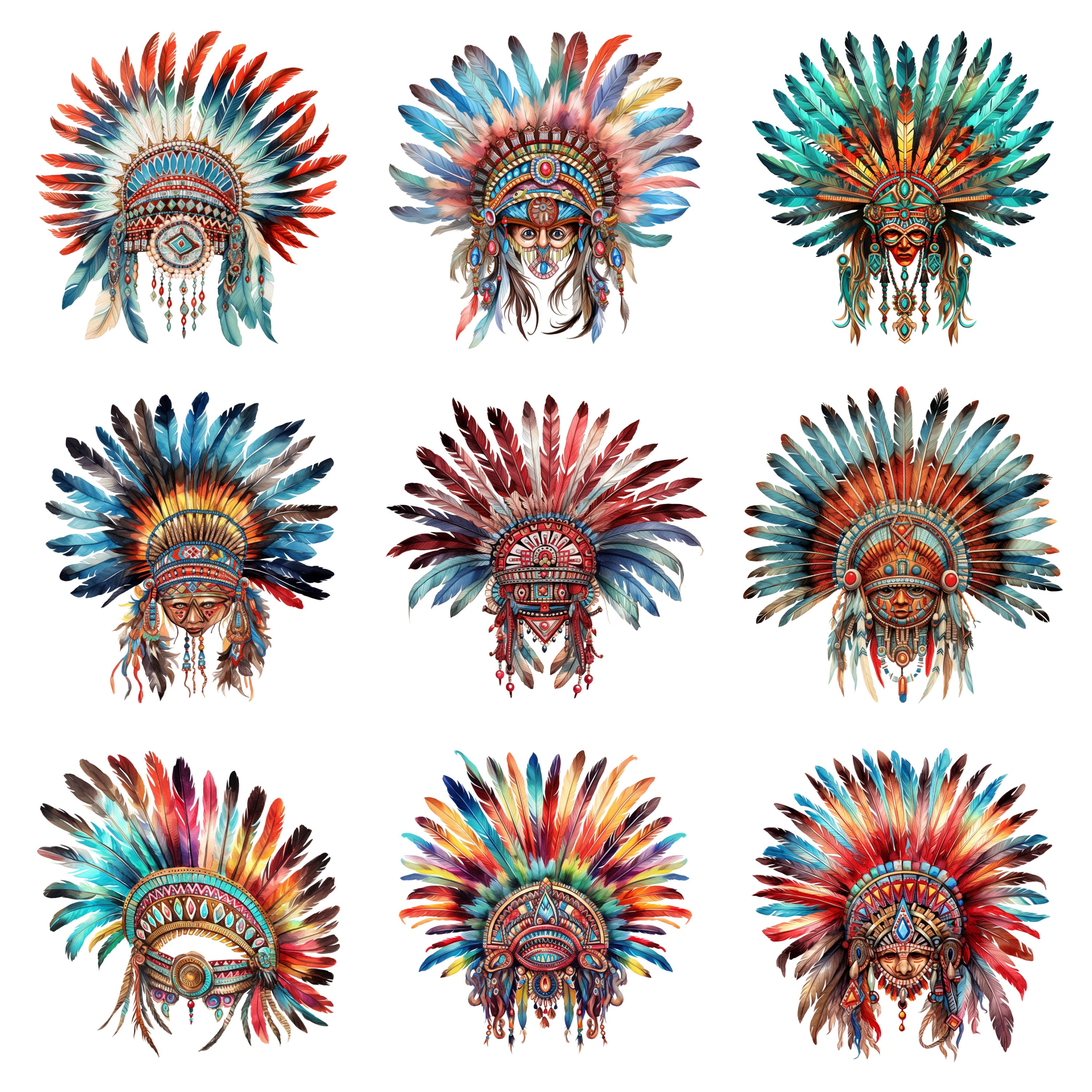 30 Aztec Headdress Watercolor Clipart, Aztec Clipart, PNG Individual ...