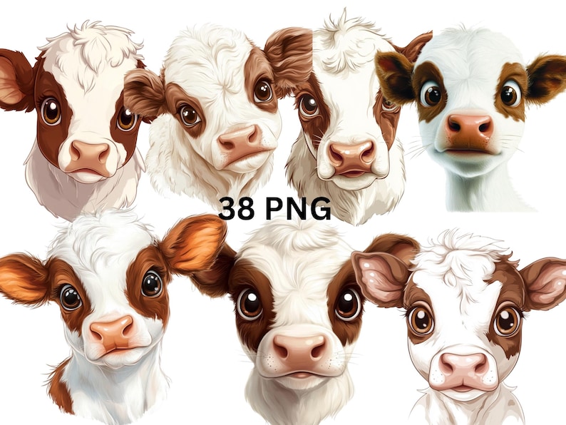 Cute Calf Clipart Set – 38 PNG, Baby Cow Faces, Farm Animal ...