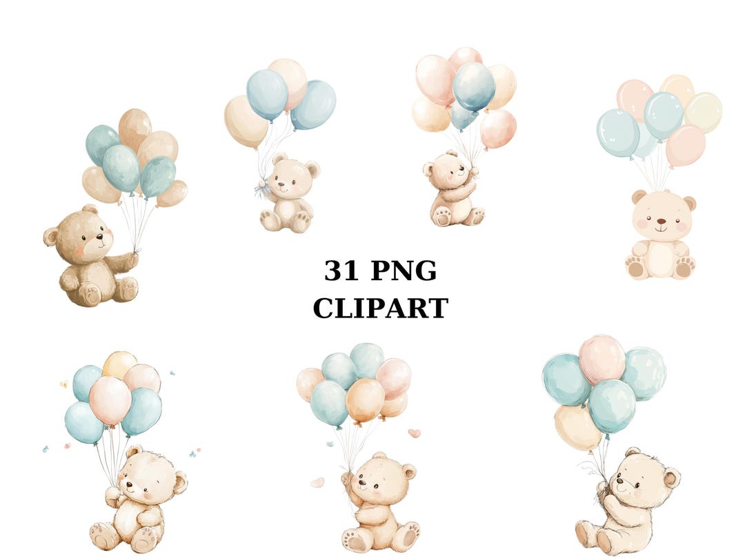 Cute Teddy Bear Balloon Clipart, 31 PNG Images, Watercolor Baby Bears ...