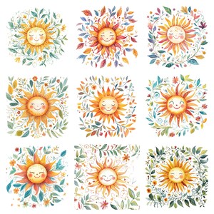 24 Happy Suns Watercolor Clipart, Whimsical Clipart, PNG Individual ...