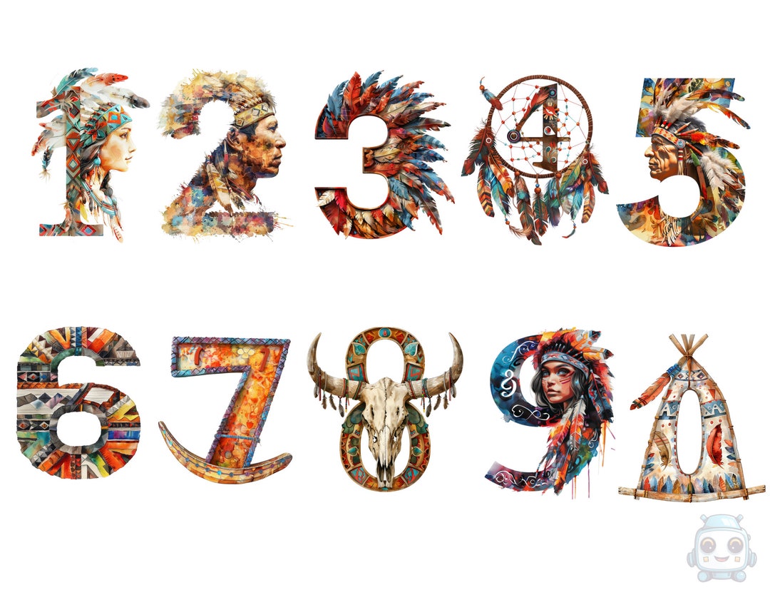 Watercolor Native American Indian Numbers Clipart, PNG Individual ...