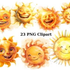 23 Whimsical Suns Watercolor Clipart, Whimsical Clipart, PNG Individual ...