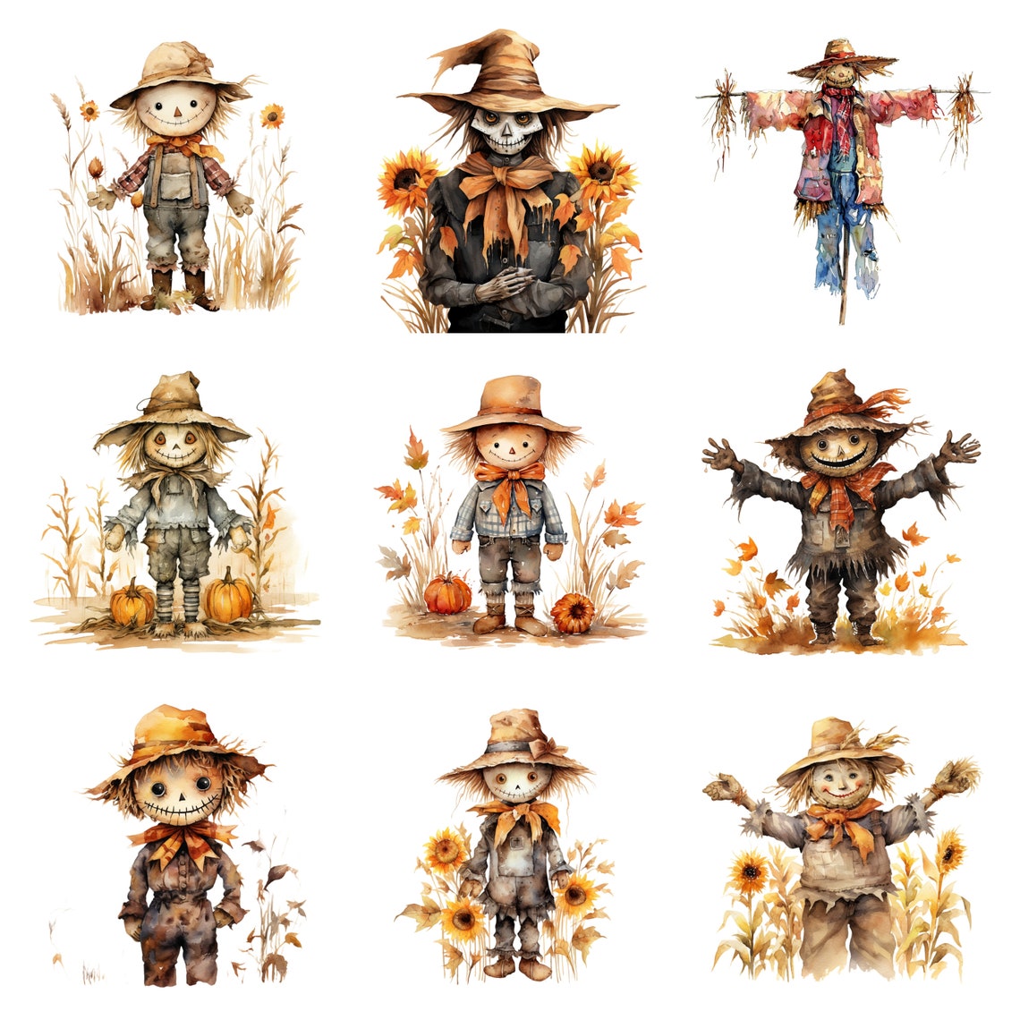 38 Scarecrow Watercolor Clipart, Halloween Clipart, PNG Digital Files ...