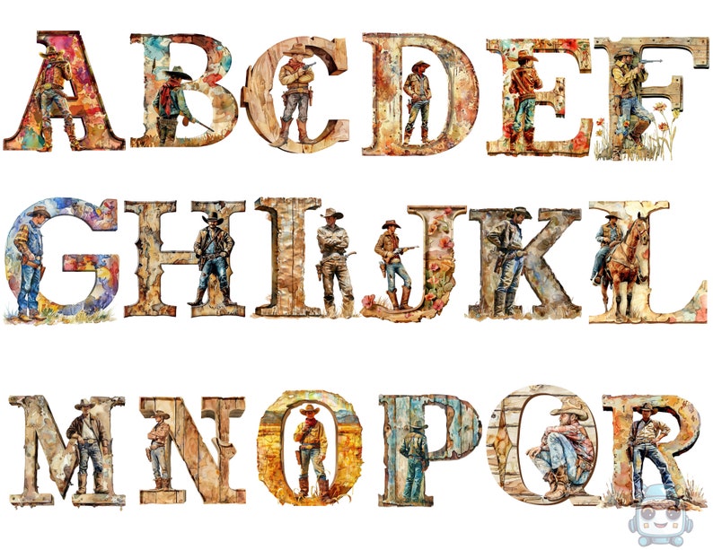 Watercolor Cowboy Alphabet Clipart, PNG Individual Images on ...