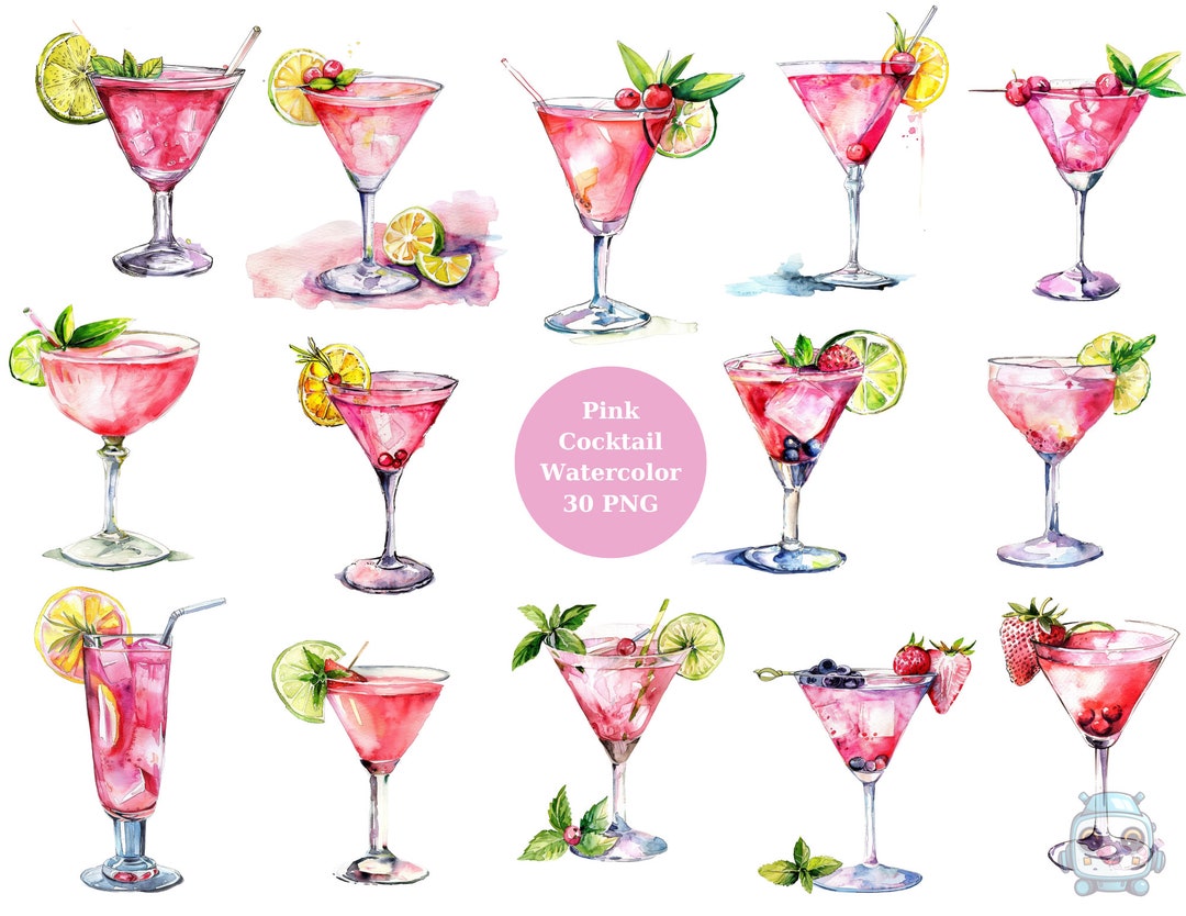 Watercolor Pink Cocktails Clipart, PNG Digital Files on a Transparent ...
