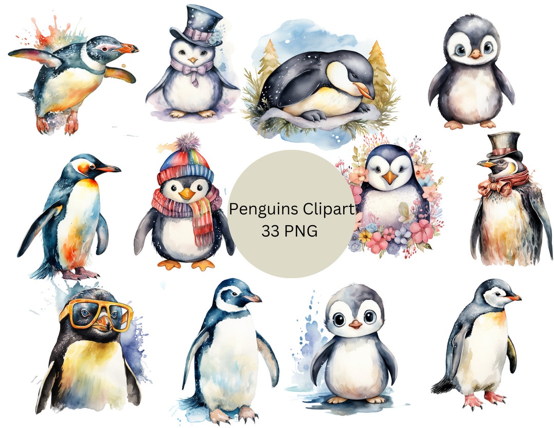 Watercolor Penguins Clipart, PNG Digital Files on Transparent ...