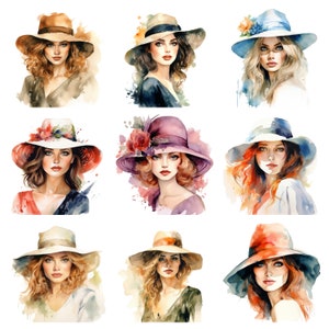 Watercolor Women With Hats Clipart, Stylish Women, PNG Digital Files on ...
