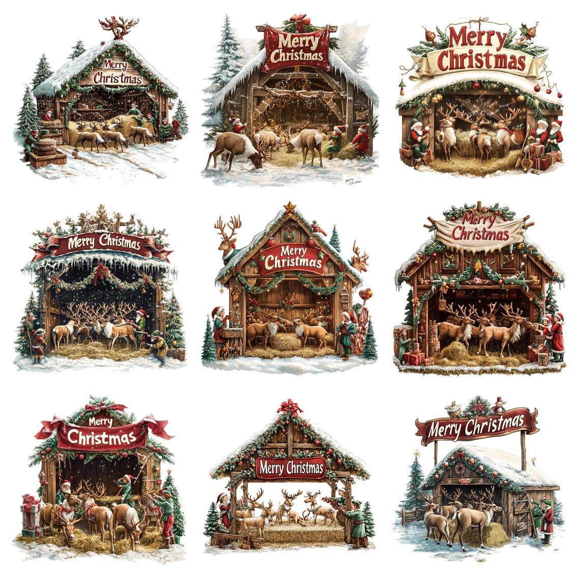 21 Santa's Reindeer Stables Watercolor Clipart, Christmas Clipart, PNG ...