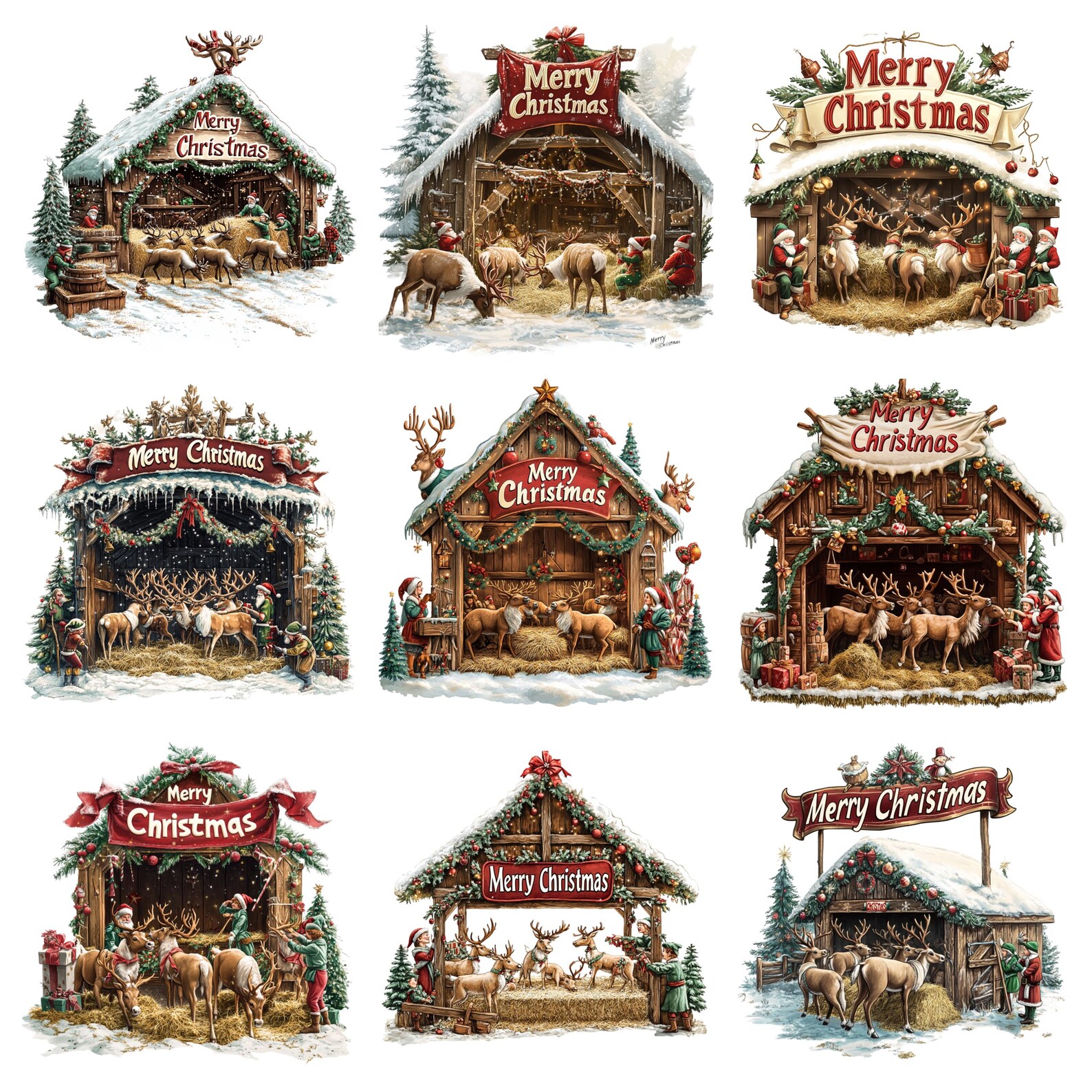 21 Santa's Reindeer Stables Watercolor Clipart, Christmas Clipart, PNG ...