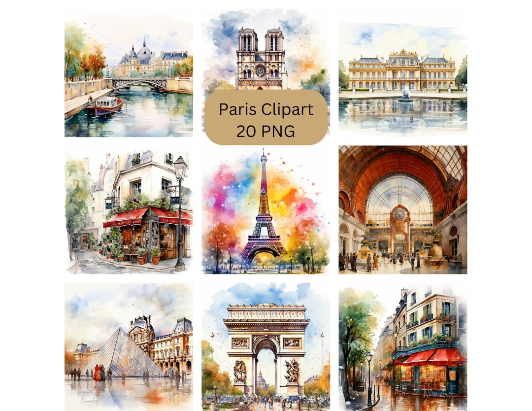 Watercolor Paris Clipart, PNG Digital Files on a Transparent Background ...