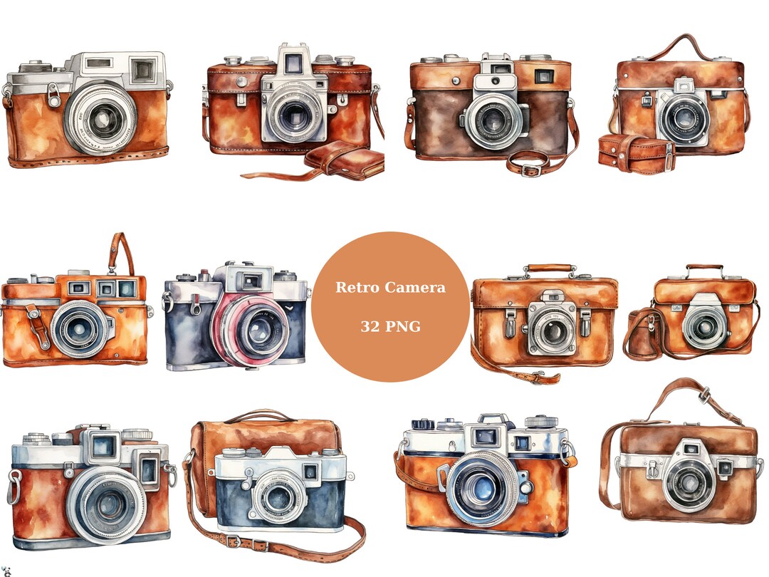 32 Retro Cameras Watercolor Clipart, Photography Clipart, PNG ...