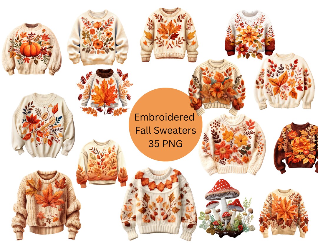 Embroidered Fall Sweaters Clipart, PNG Digital Files on Transparent ...