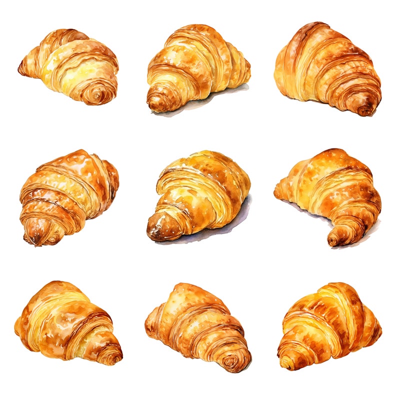32 Fresh Croissants Watercolor Clipart, Pastry Clipart, Food Clipart ...