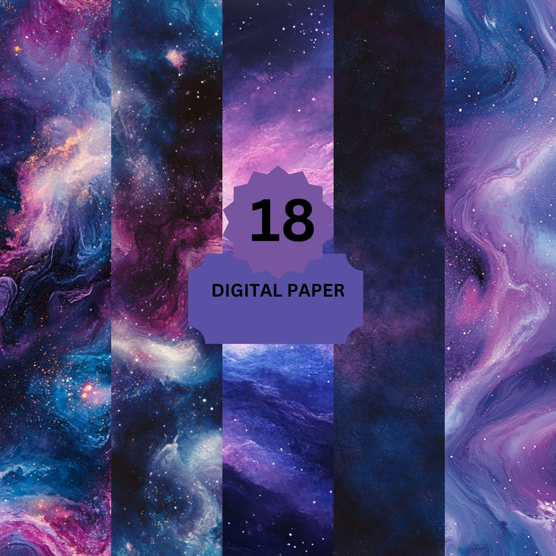 Galaxy Digital Paper – 18 Cosmic Space Backgrounds in Purple, Blue and ...