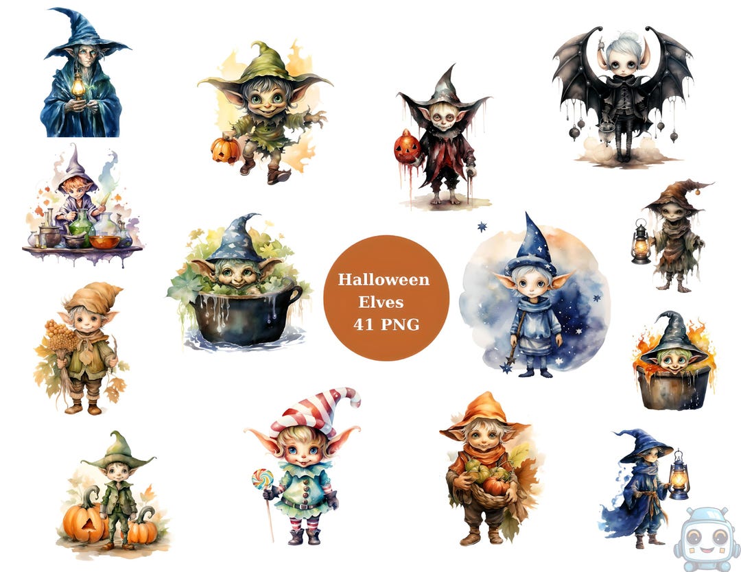 41 Halloween Elves Bundle Watercolor Clipart, Halloween Clipart, PNG ...