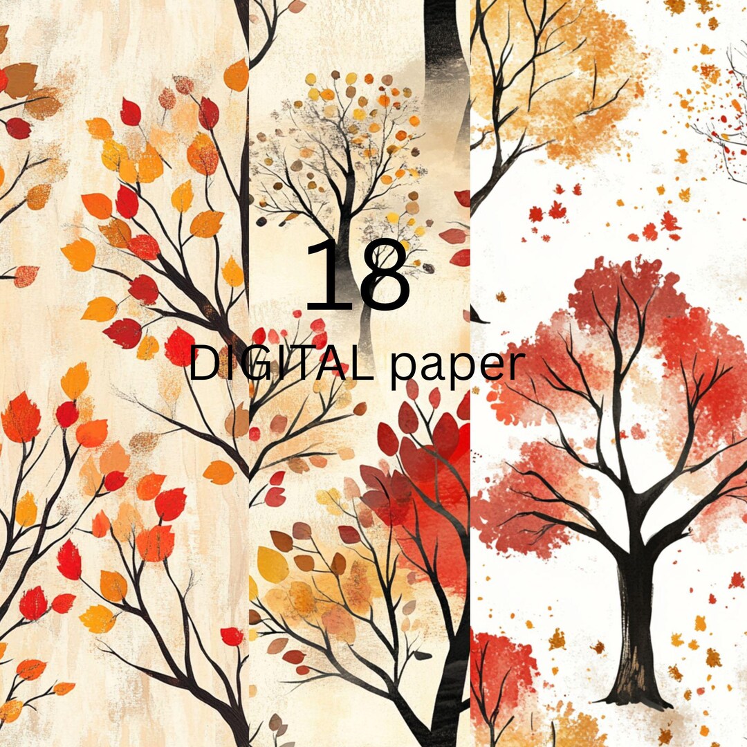 Artistic Autumn Trees Digital Paper Bundle - Fall Leaves Backgrounds ...