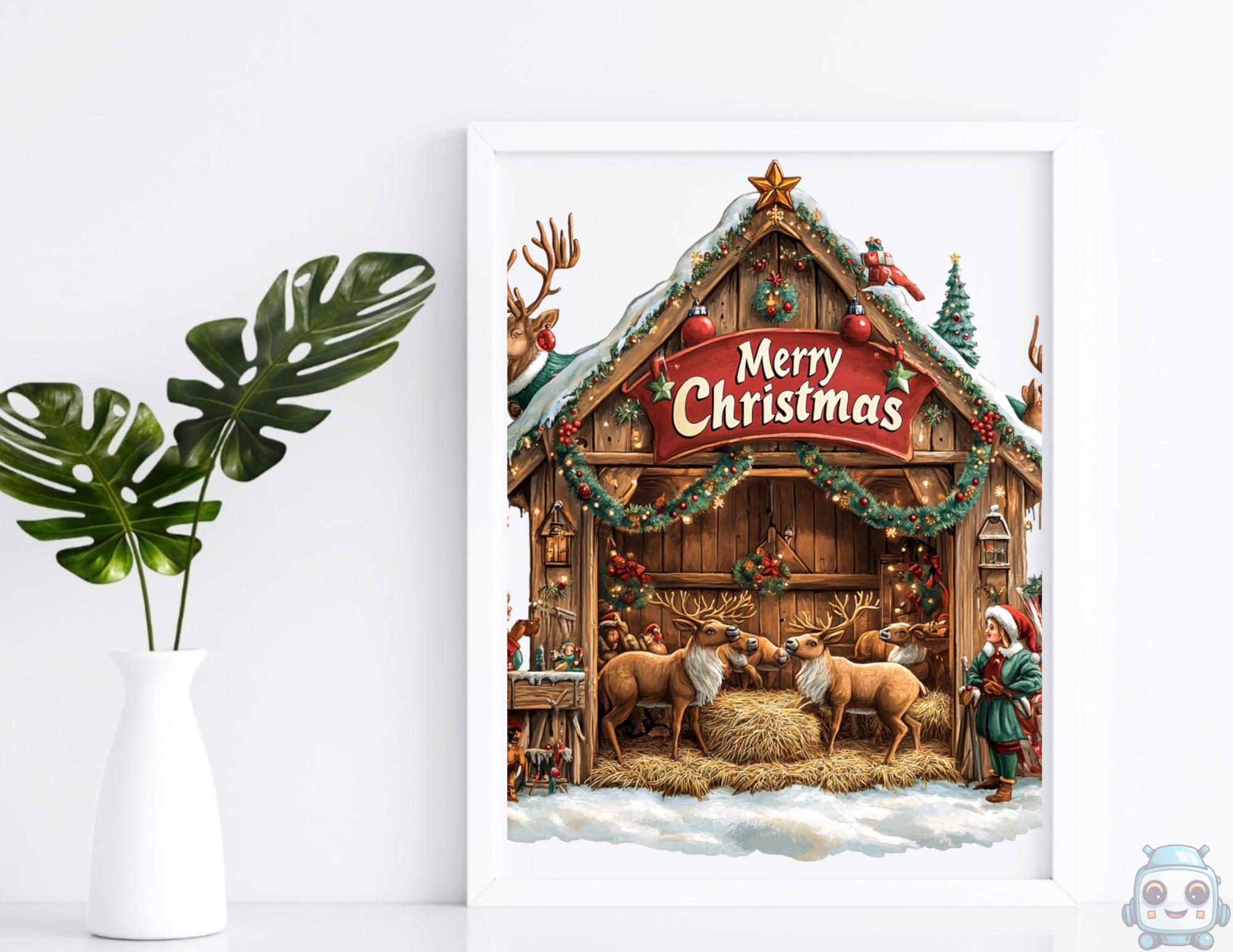 21 Santa's Reindeer Stables Watercolor Clipart, Christmas Clipart, PNG ...