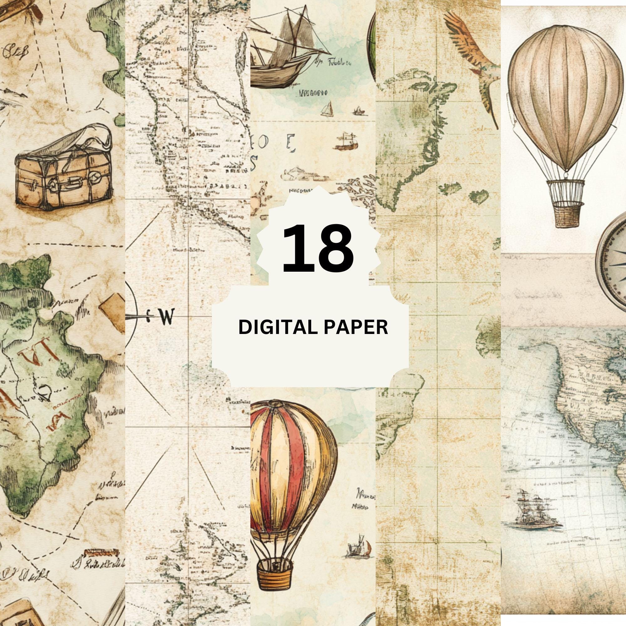 Vintage Map Digital Paper – 18 Antique Travel Backgrounds With Balloons ...