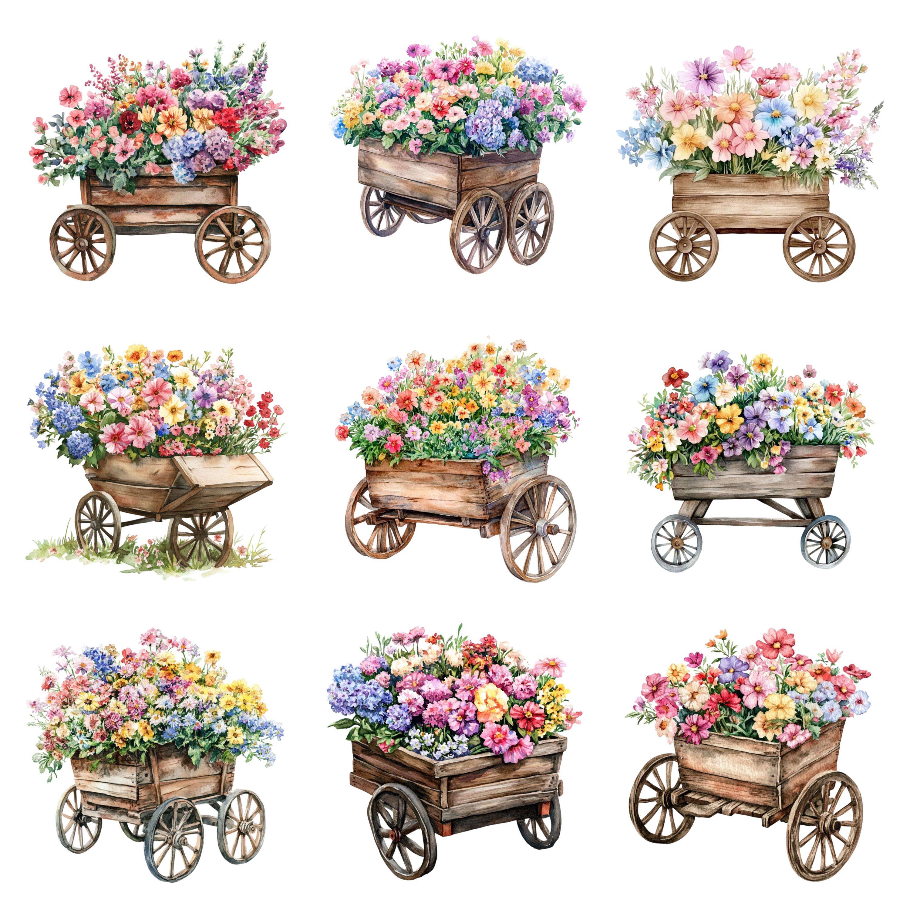 37 Floral Carts Watercolor Clipart, PNG Digital Files on Transparent ...