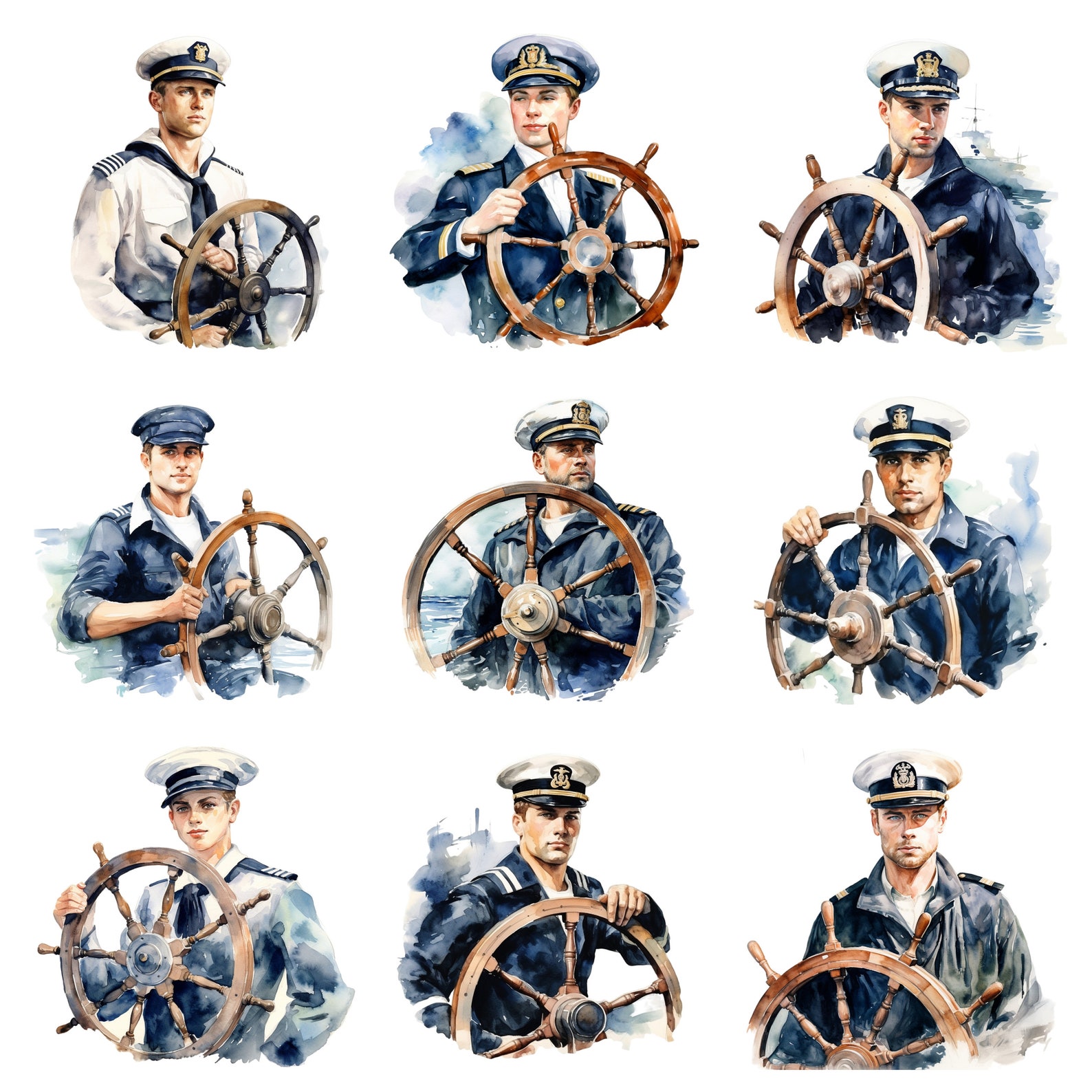 20 Sailors Watercolor Clipart, Nautical Clipart, PNG Individual Images ...