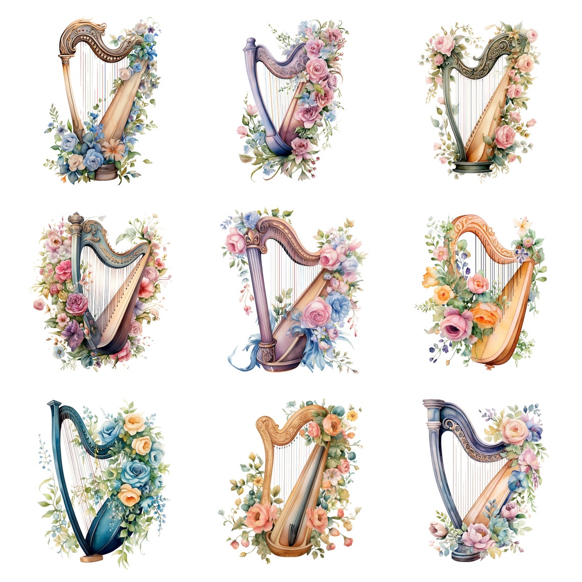 Watercolor Floral Harps Clipart, PNG Digital Files on Transparent ...