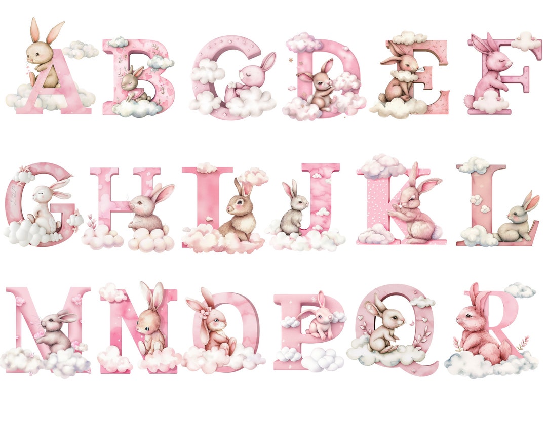 Pink Rabbit Alphabet Watercolor, Rabbit Letters, Transparent Background ...