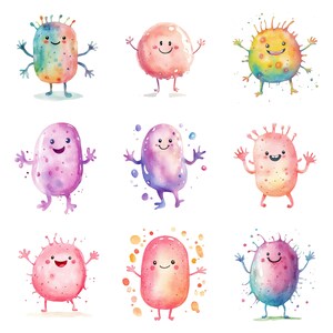 Adorable Watercolor Bacteria Clipart Set - 38 Cute Microbe Characters ...