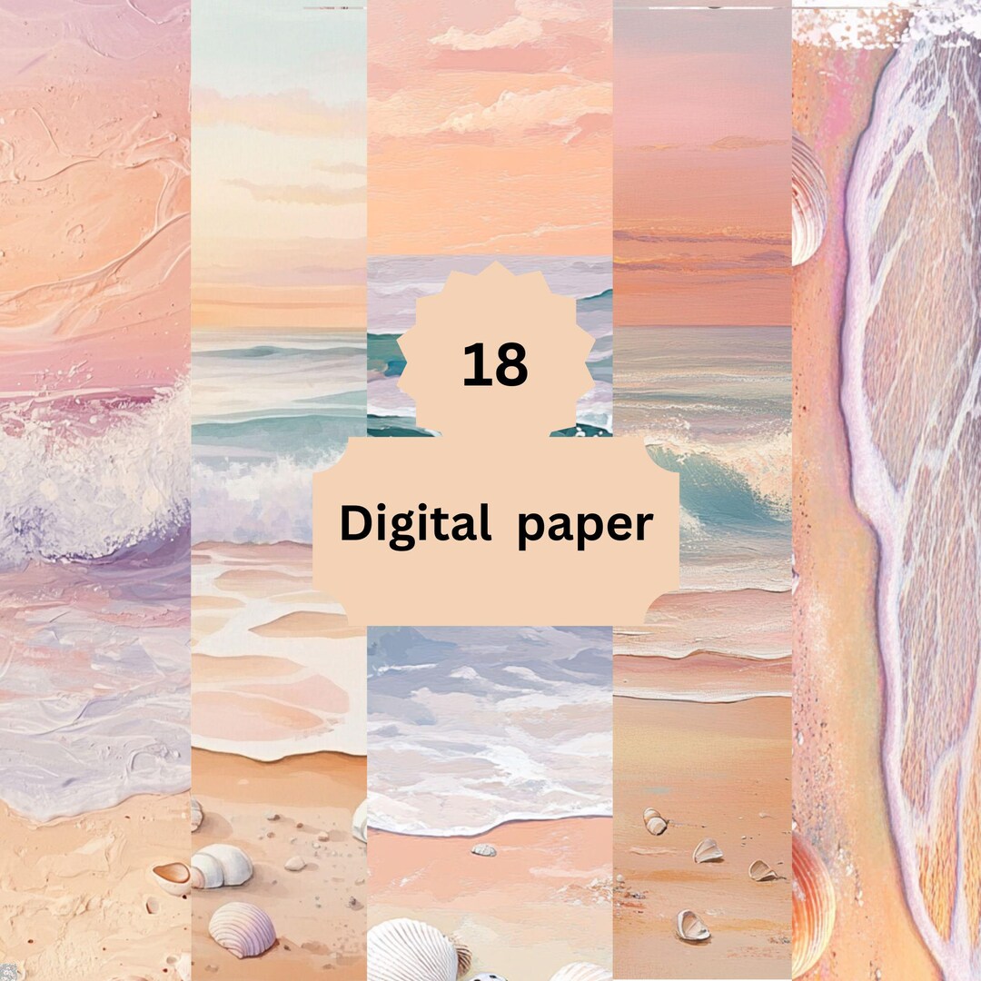 Pastel Beach Digital Paper Pack, Soft Ocean Waves, Seashell Shoreline ...