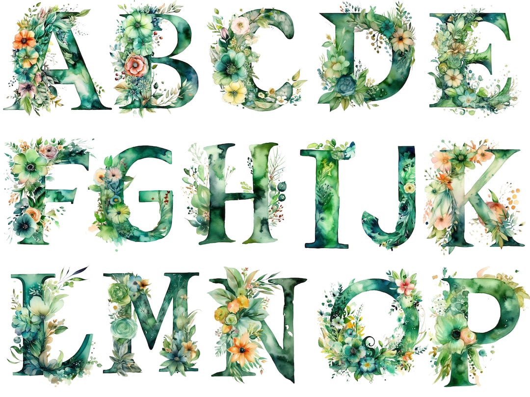 Watercolor Floral Green Alphabet Clipart , Floral Alphabet, Transparent ...