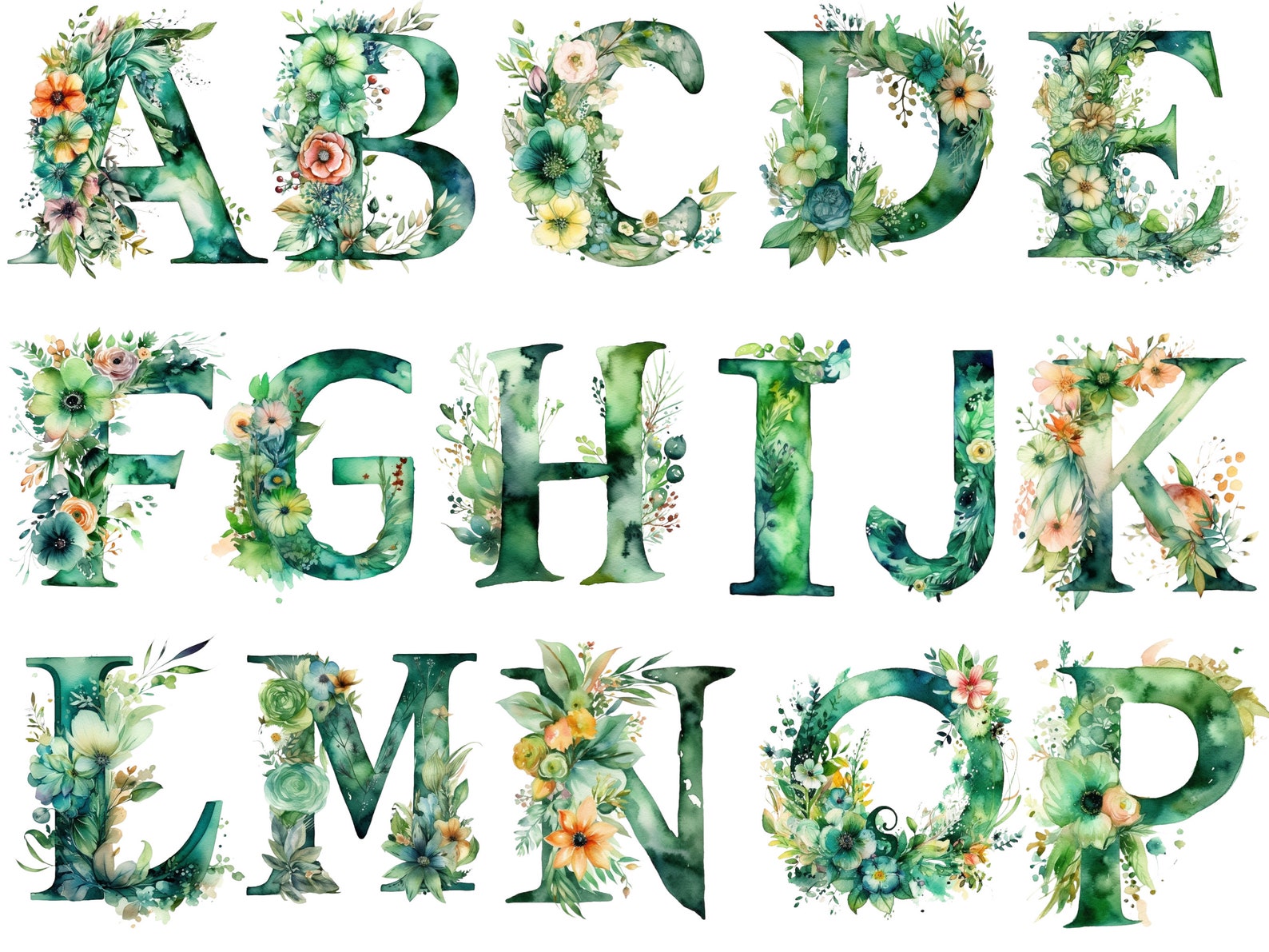 Watercolor Floral Green Alphabet Clipart Floral Alphabet - Etsy