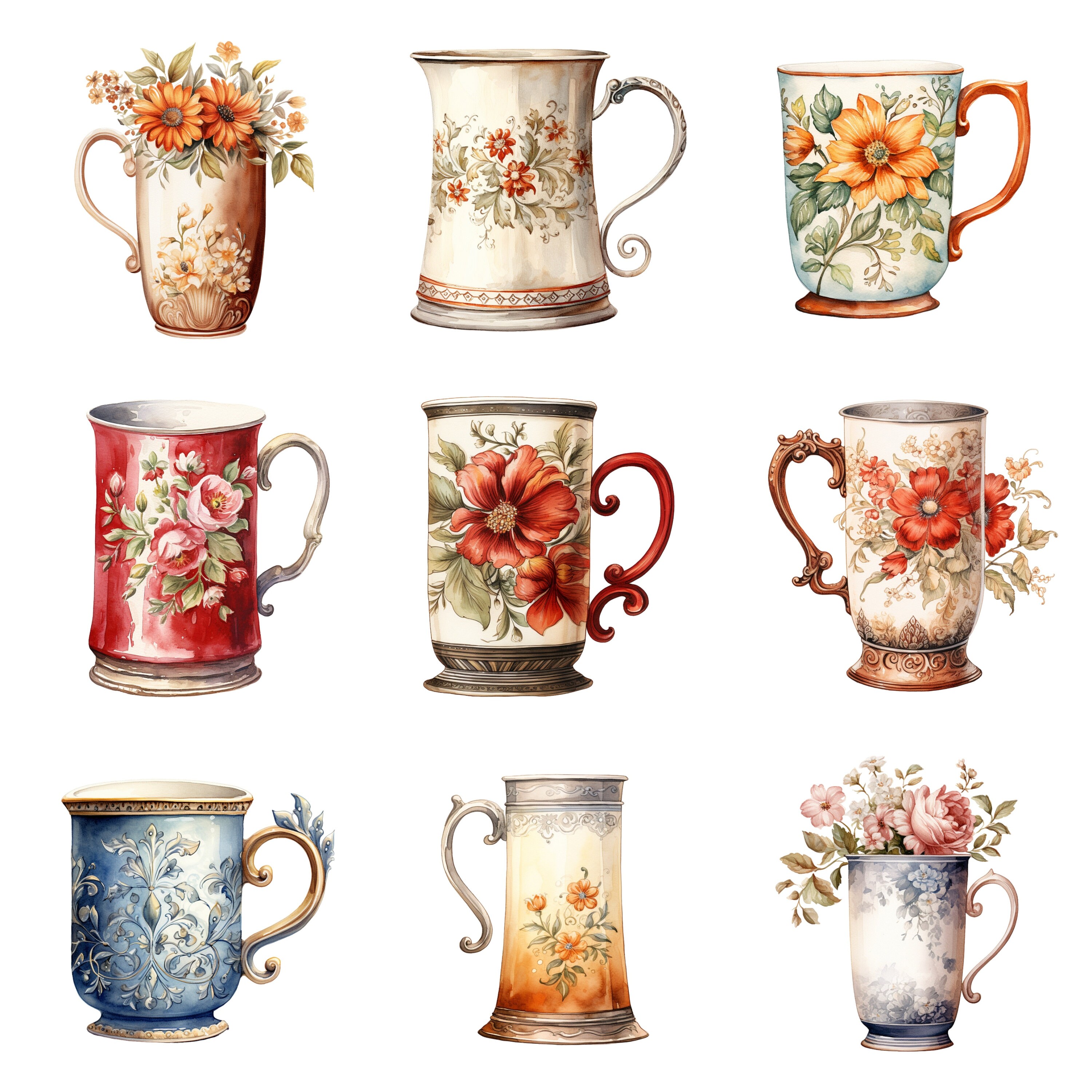 Watercolor Vintage Mugs Clipart PNG Digital Files on - Etsy