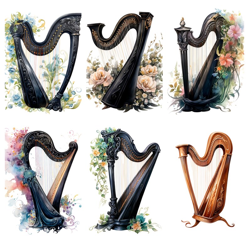 Watercolor Harps Clipart, PNG Digital Files on Transparent Background ...