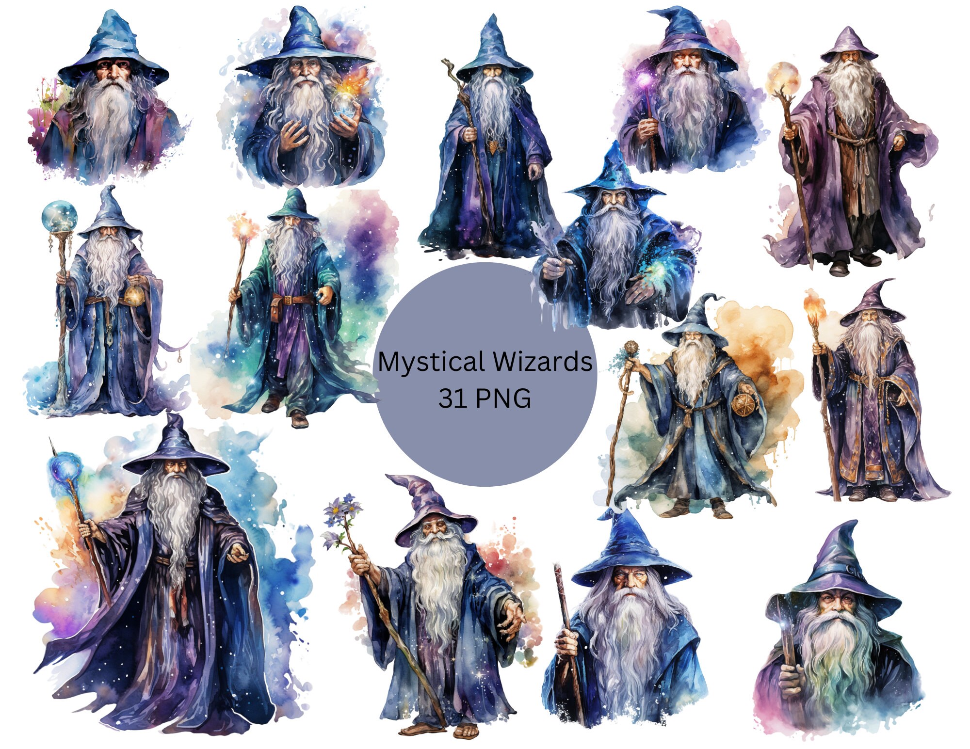 Watercolor Mystical Wizards Clipart PNG Files on Transparent - Etsy