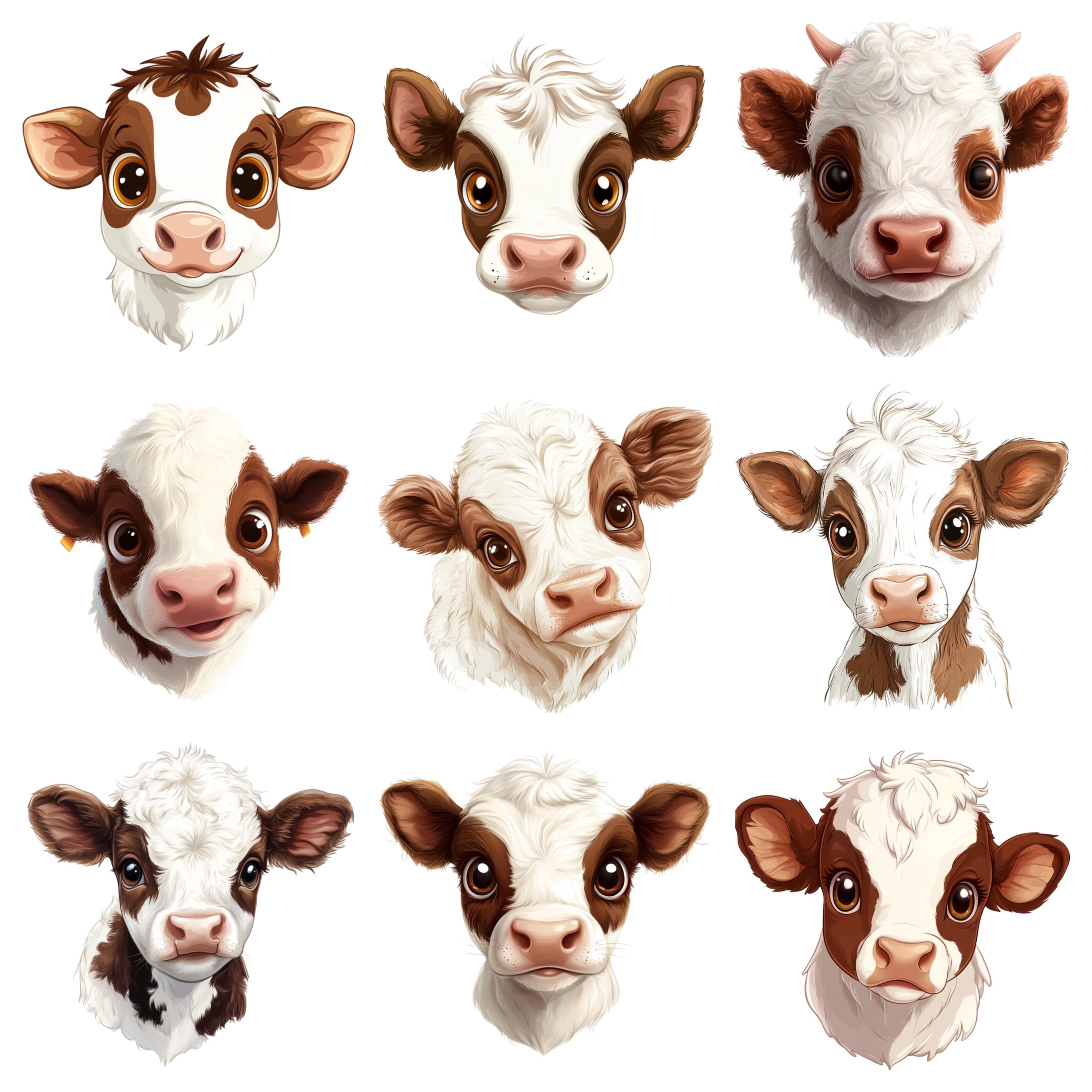 Cute Calf Clipart Set – 38 PNG, Baby Cow Faces, Farm Animal ...