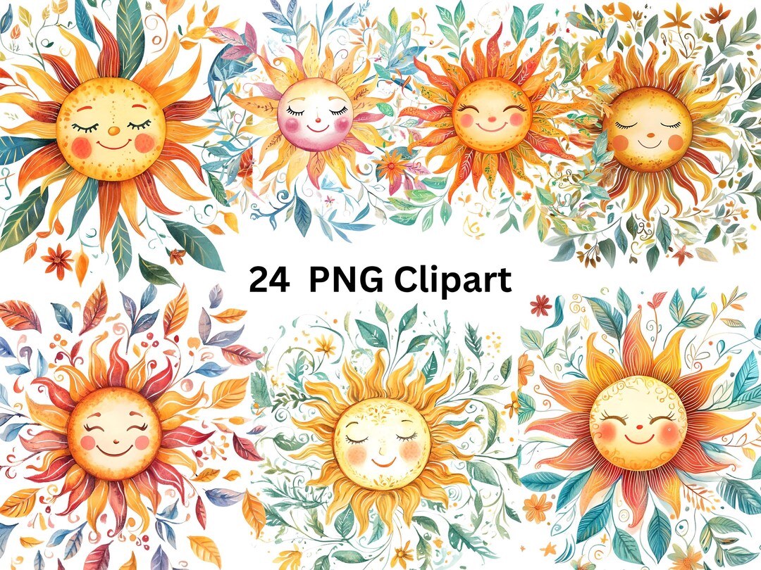 24 Happy Suns Watercolor Clipart, Whimsical Clipart, PNG Individual ...