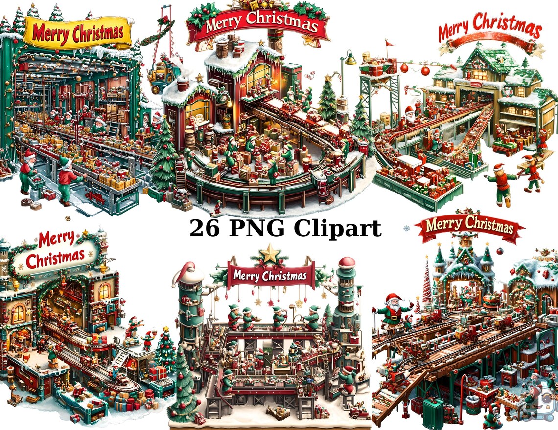 26 Santa's Toy Factory With Merry Christmas Sign Clipart, Christmas ...