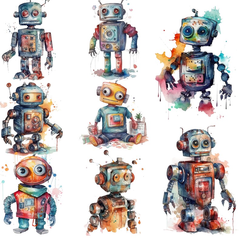 Watercolor Cute Robots Clipart PNG Digital Images Commercial - Etsy
